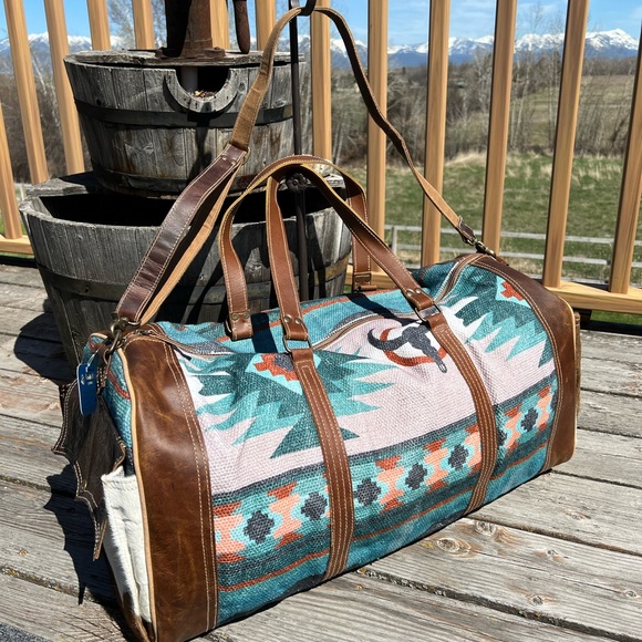 Handmade | Bags | Rug Tooled Leather Duffel Bag Western Tribal Cowhide ...